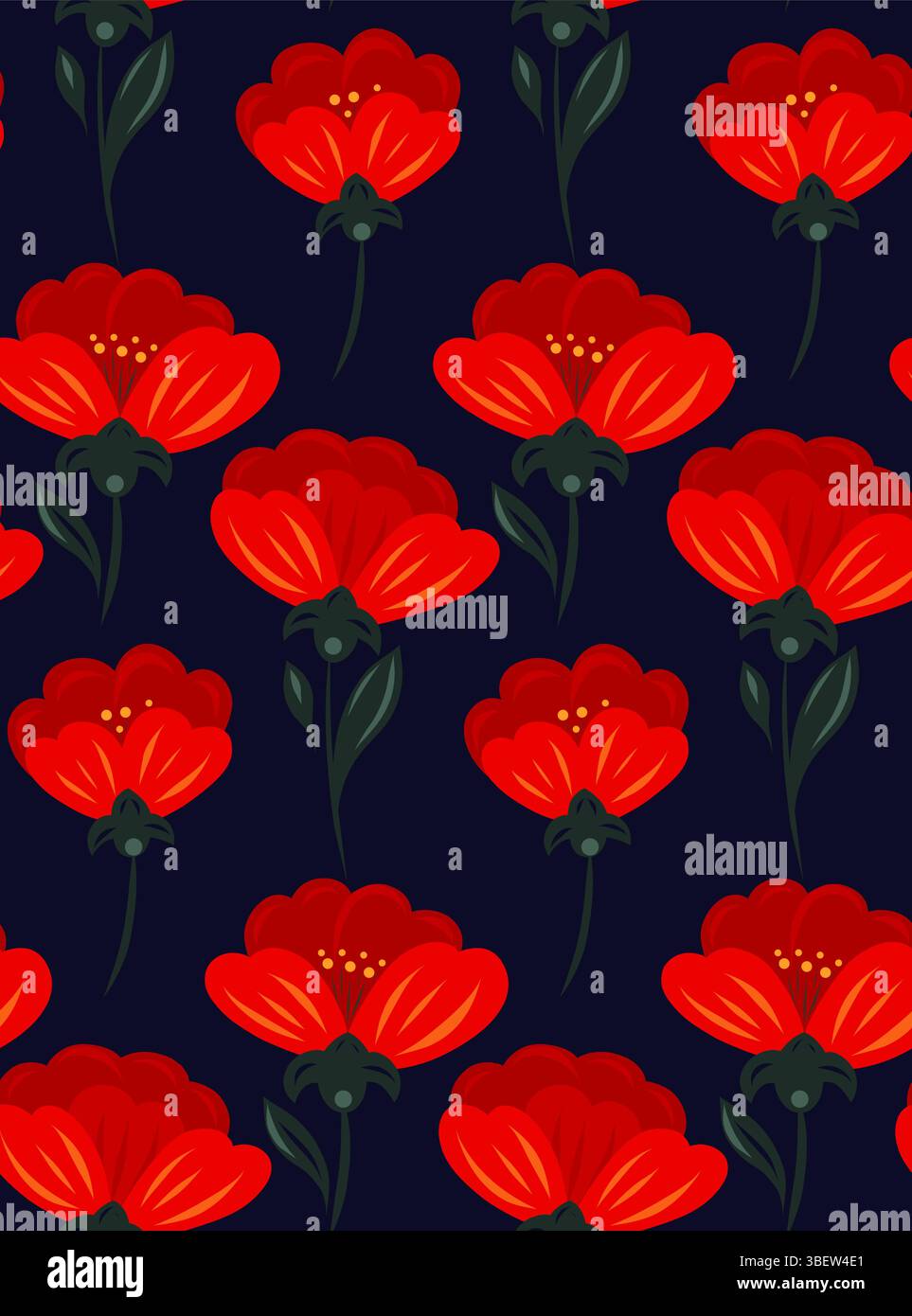 Vector rustic pattern with red poppies in a row on a dark blue ...