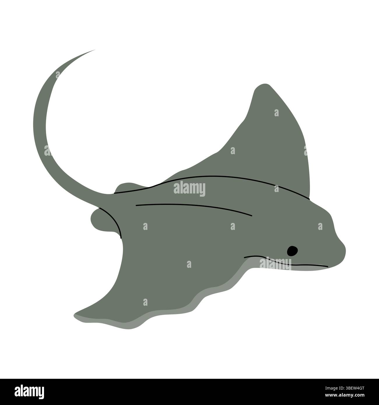 Flat illustration of a stingray in shades of gray with a long tail and smooth fins. Simple ocean ...