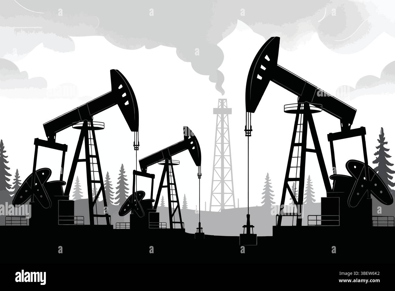 Oil rigs and pumps in black silhouette representing industry and energy ...