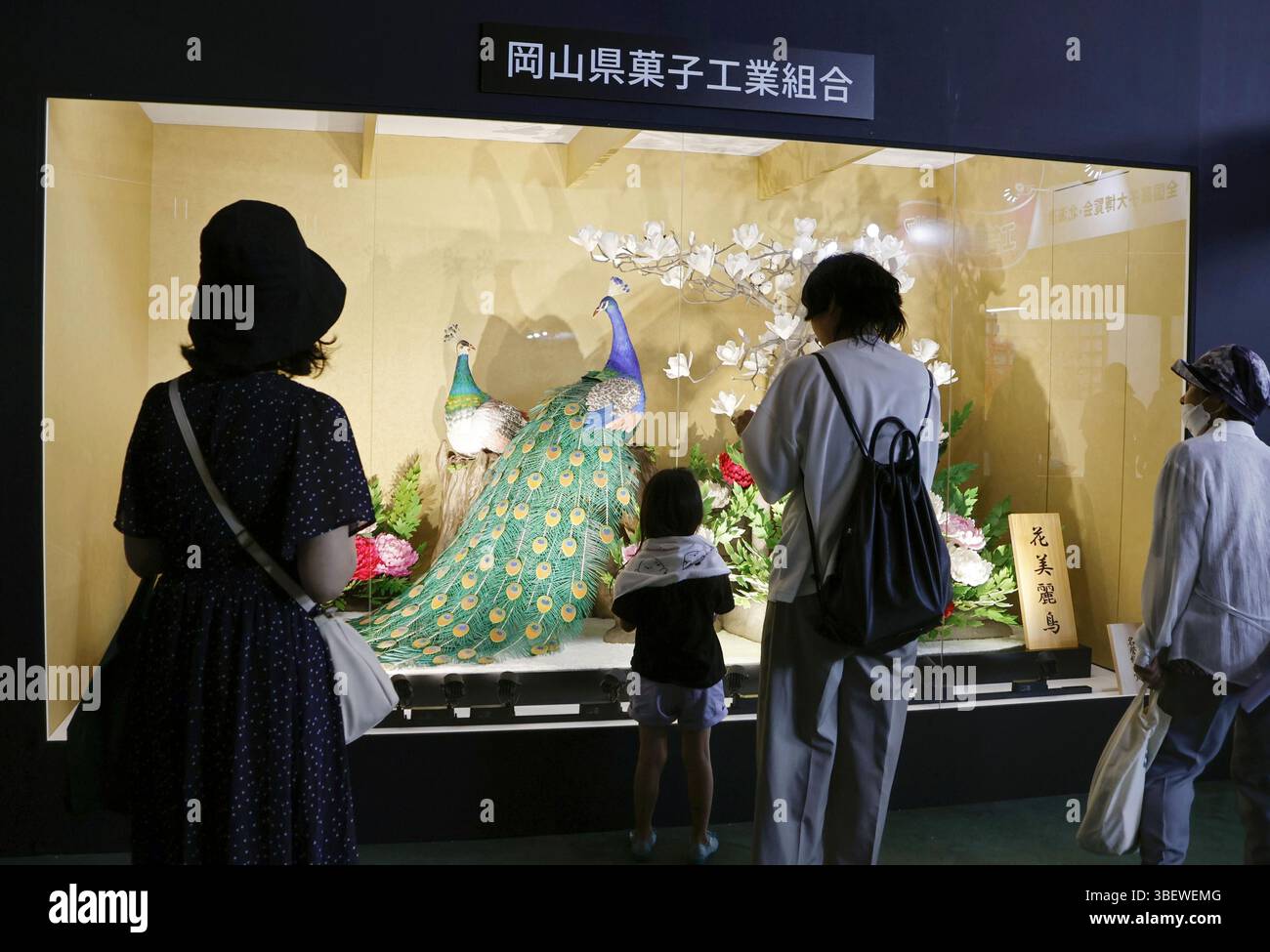 Visitors view craftwork sweets depicting peacocks on display at the ...