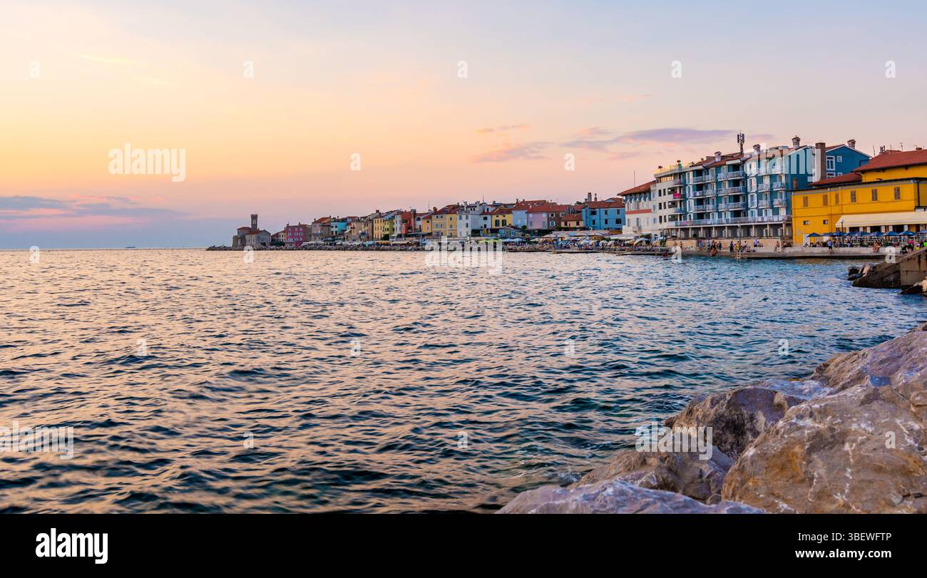 Sunset above the adriatic sea in Piran city, Slovenia. Old ancient and ...