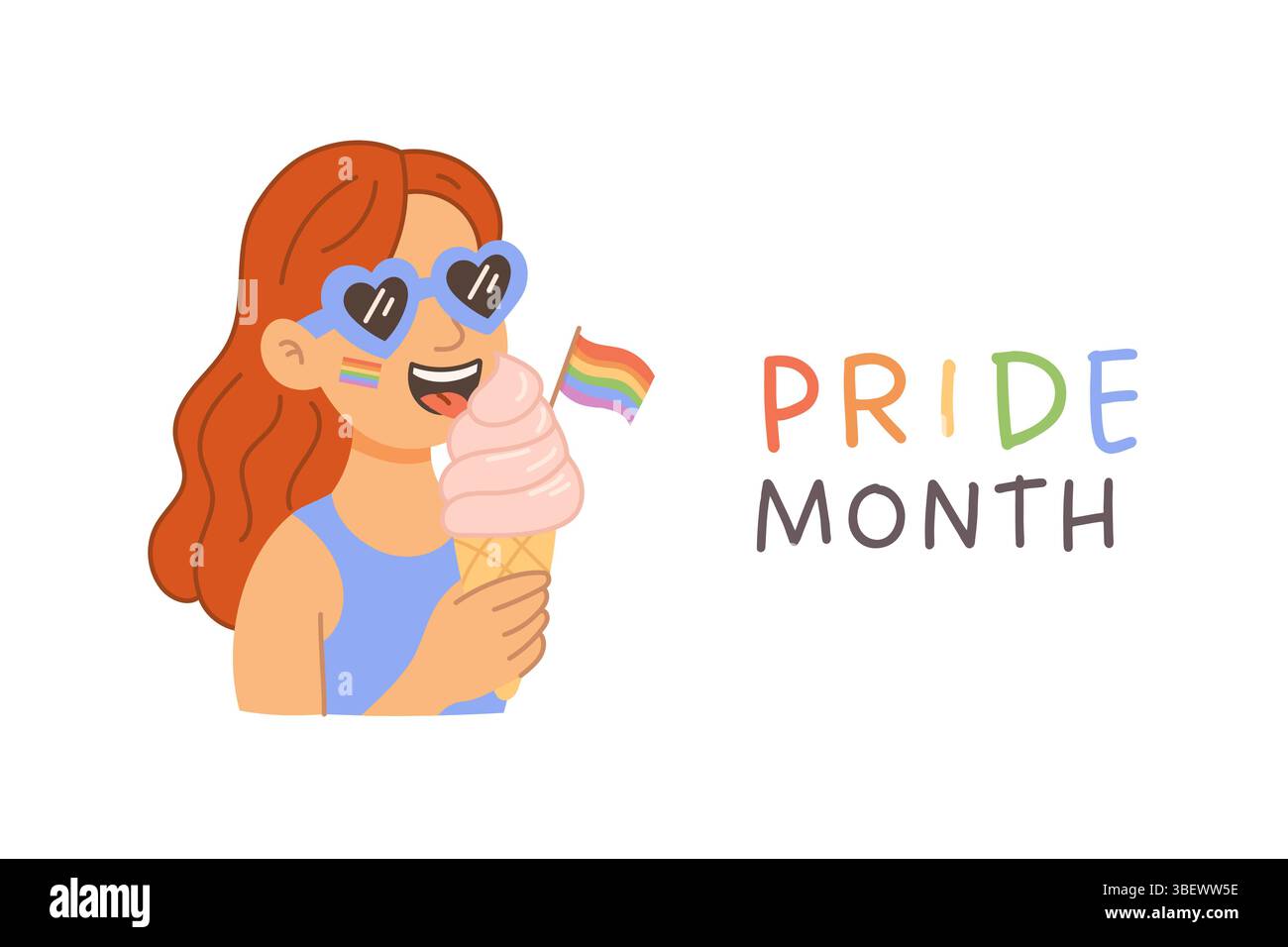 Vector illustration of a joyful girl with heart sunglasses, rainbow ...