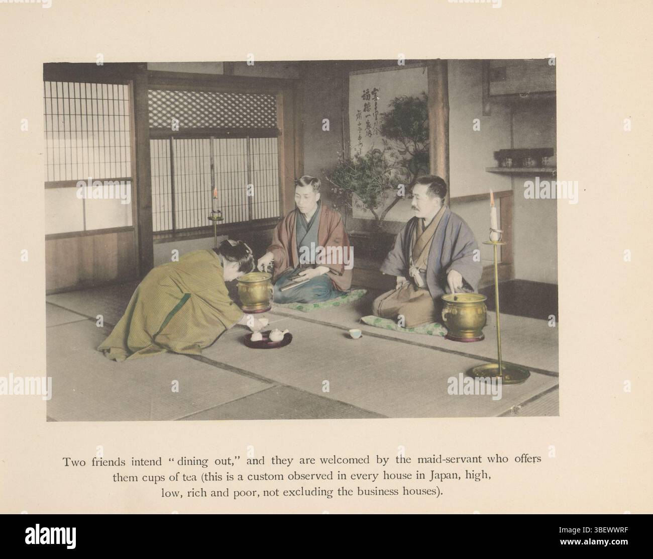 Japan, Tamamura, Kōzaburō, Two men and a waitress in a teahouse in Japan, Japan, recto - printed ...