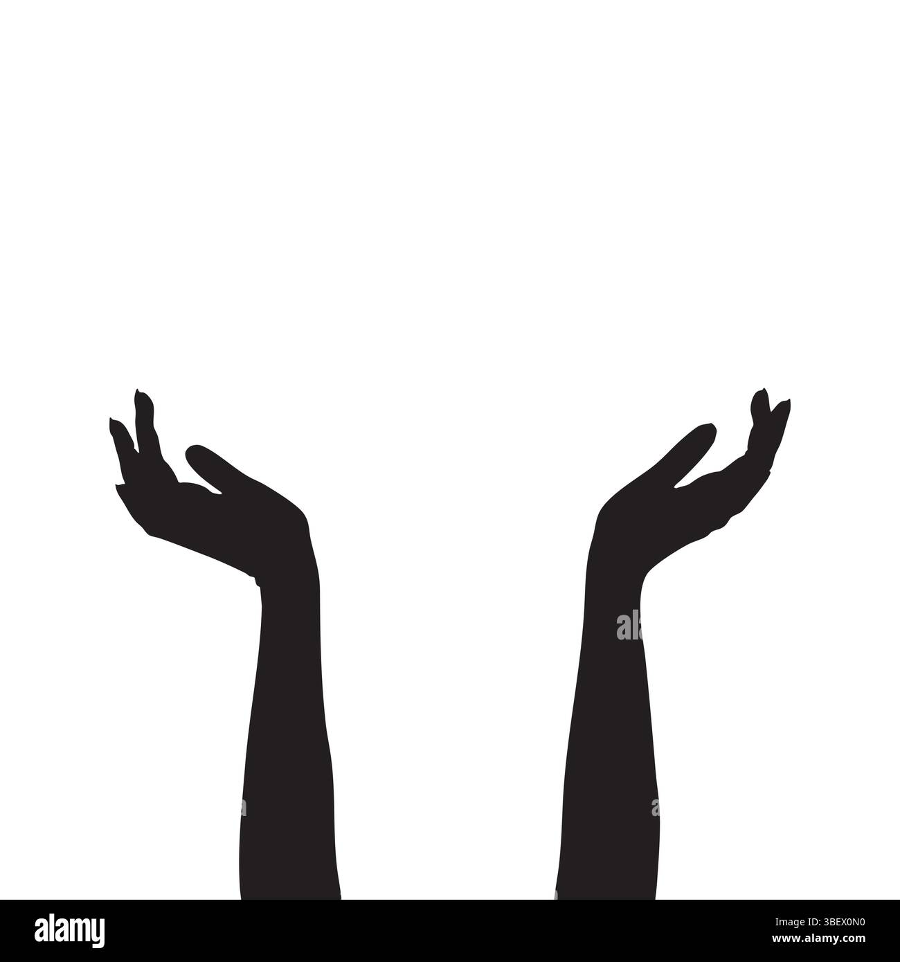 Silhouette of two raised arms, with palms facing up on a white ...