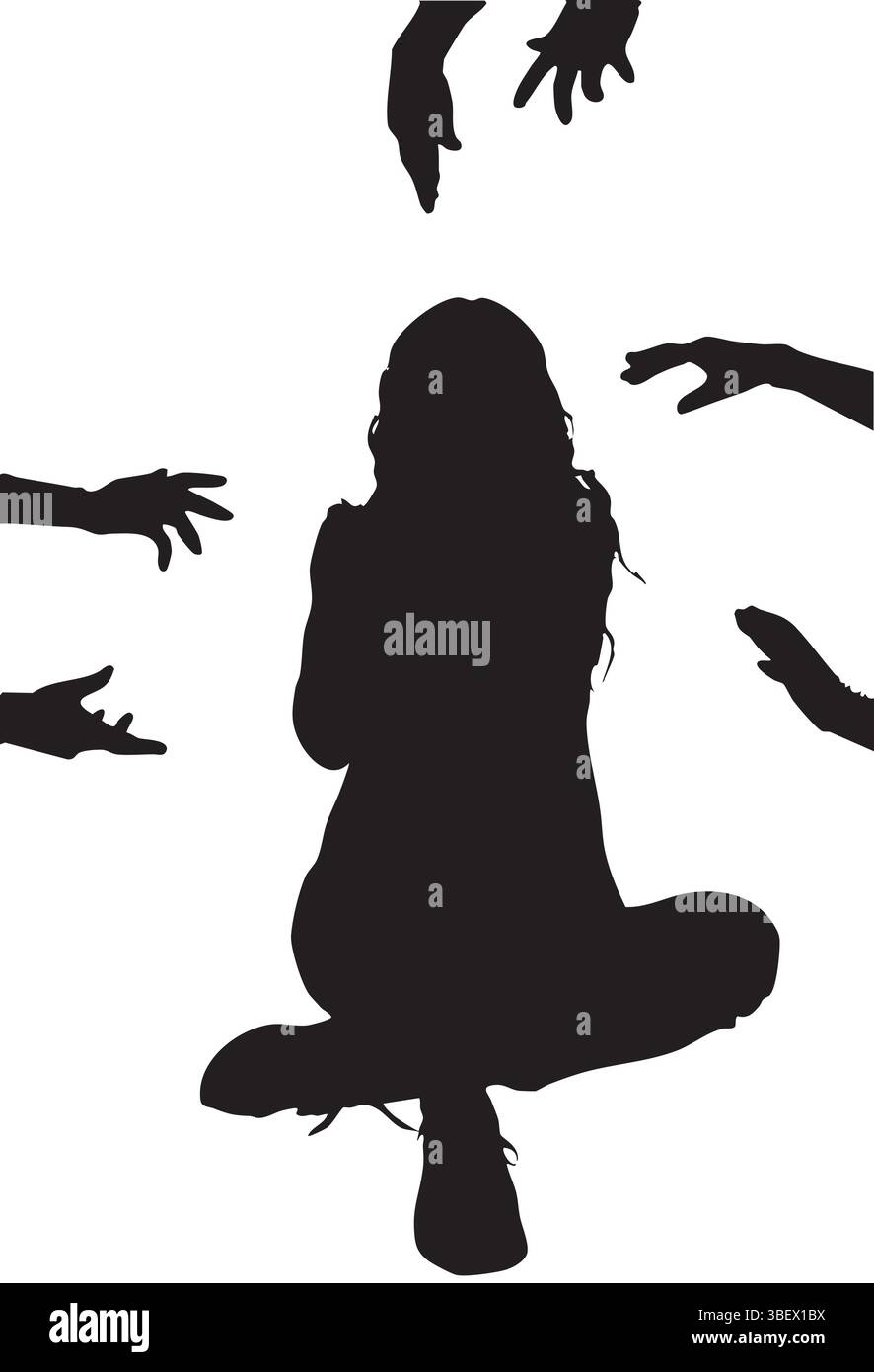 Silhouette of Seated Woman Surrounded by Reaching Hands on White ...