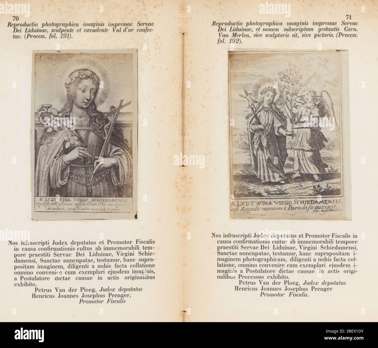 Photoreproduction engraving of the Holy Lidwina of Schiedam with angel ...