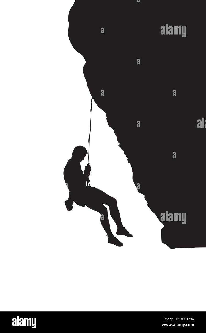 Silhouette of a climber rappelling down a dark rock face with safety ...