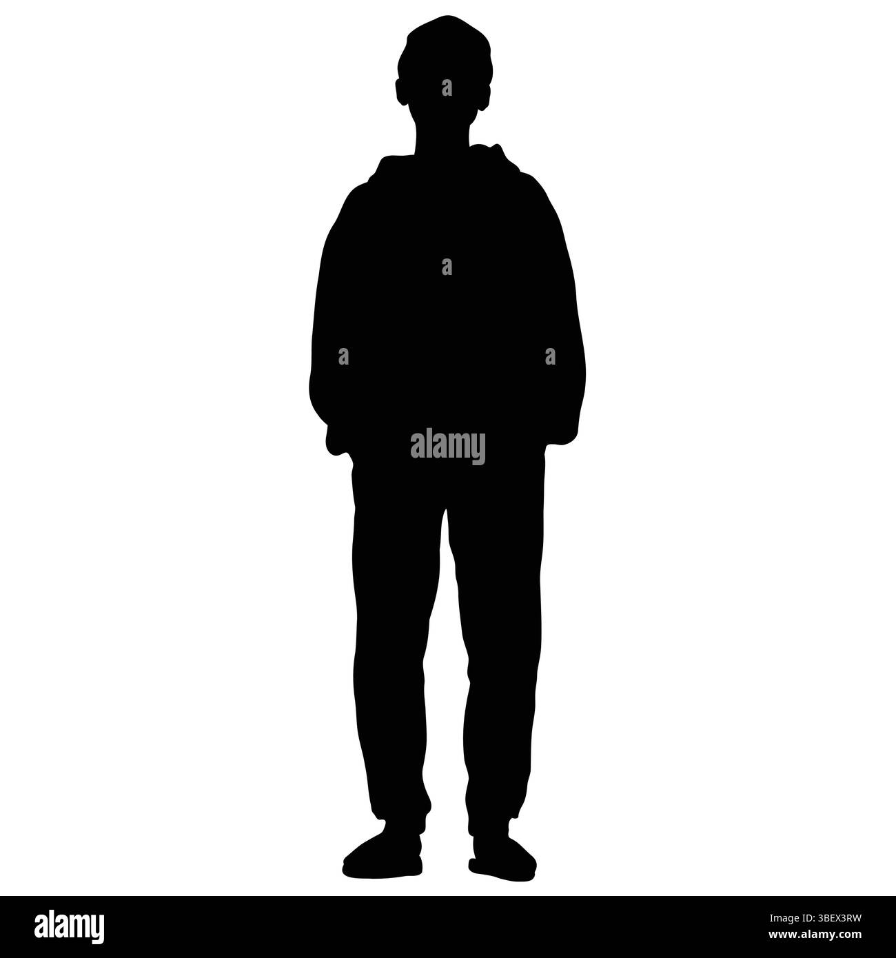 Silhouette of a person wearing a hoodie and pants, standing in a ...