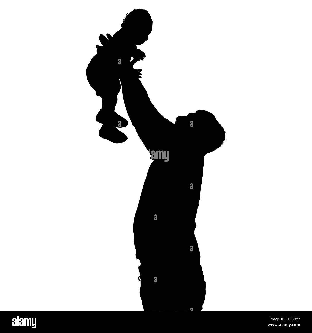 Silhouette of parent lifting child high in the air, showing a moment of ...