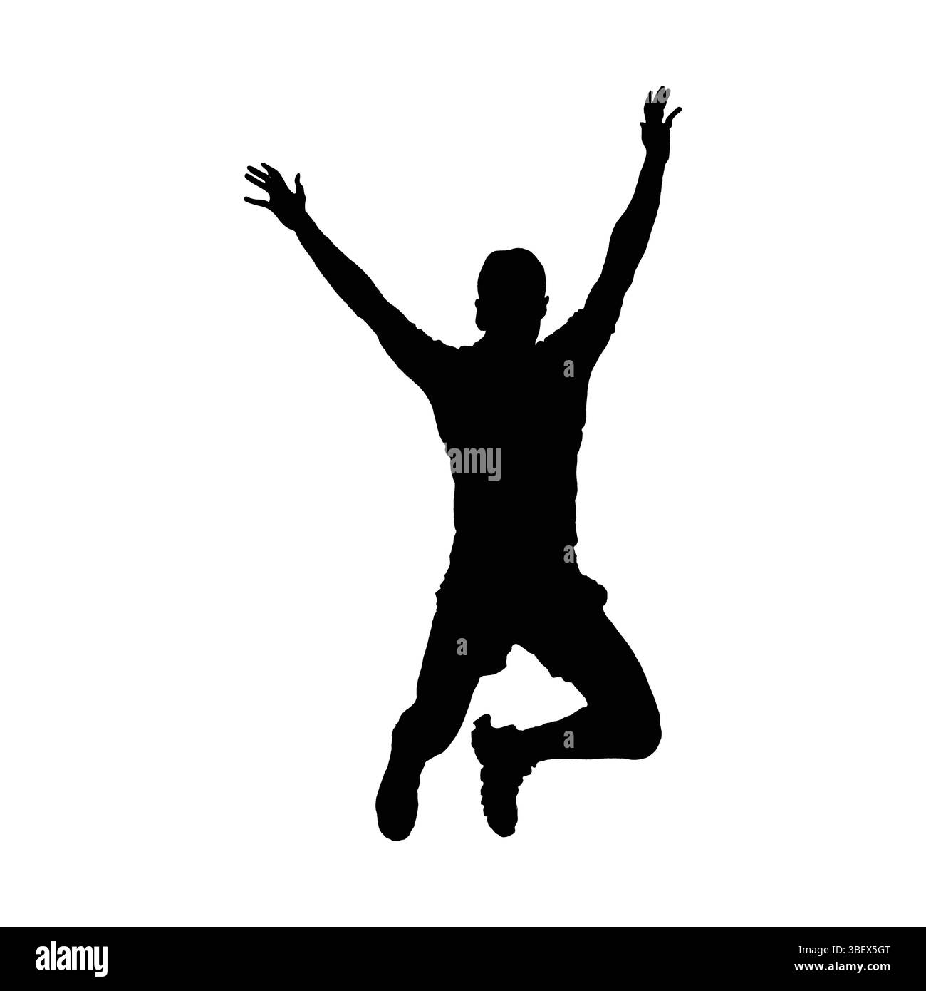Silhouette of a man jumping, arms raised in celebration, expressing joy ...