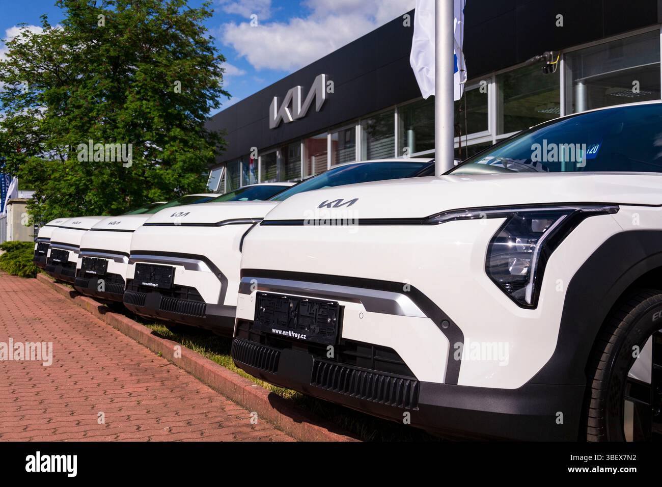 Kia EV3 electric cars in front of dealership building on May 29, 2025 ...