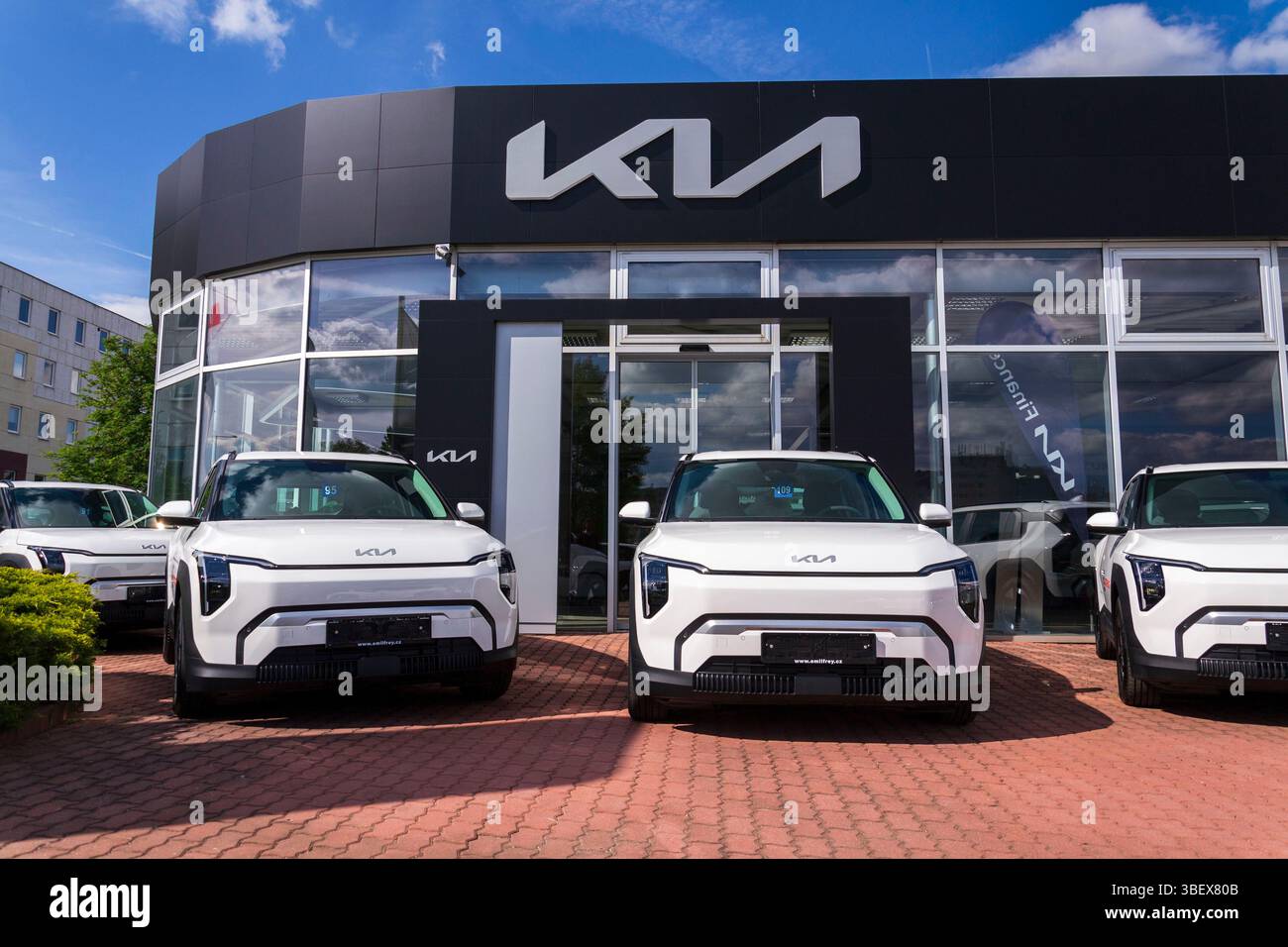 Kia EV3 electric cars in front of dealership building on May 29, 2025 ...