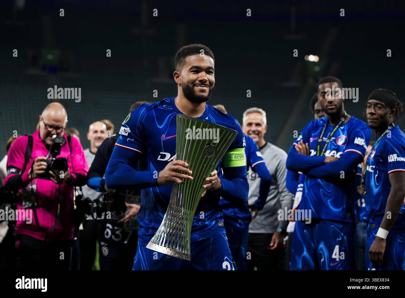 Reece James of Chelsea FC lifts the trophy during the award ceremony ...