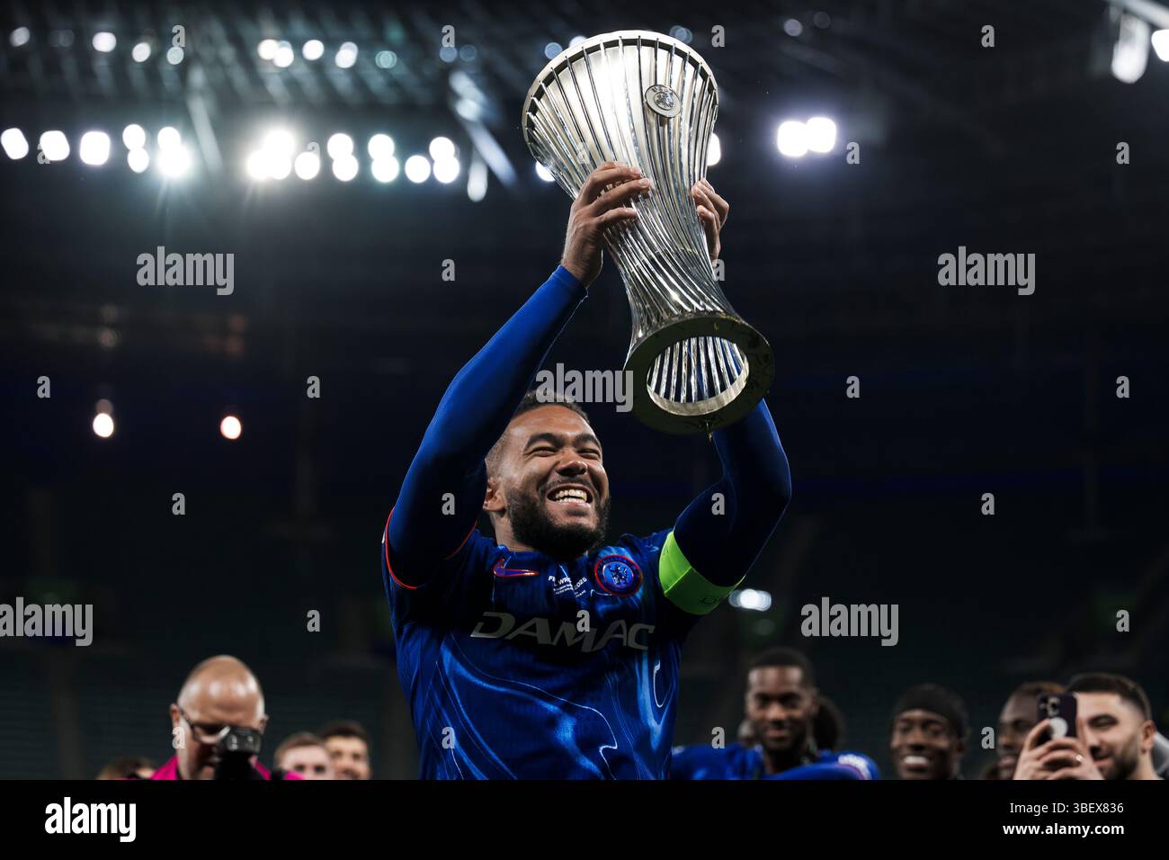 Reece James of Chelsea FC celerbates with the trophy during the award ...