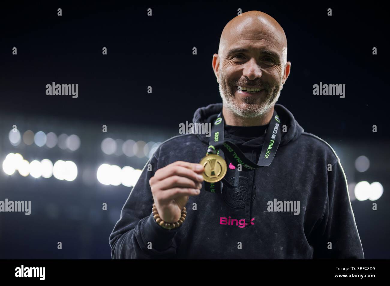 Enzo Maresca, head coach of Chelsea FC, poses with his medal during the ...