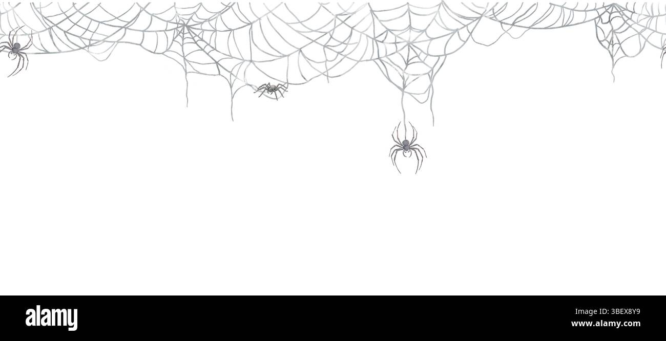 Spider web of different shapes, seamless horizontal border. Watercolor ...