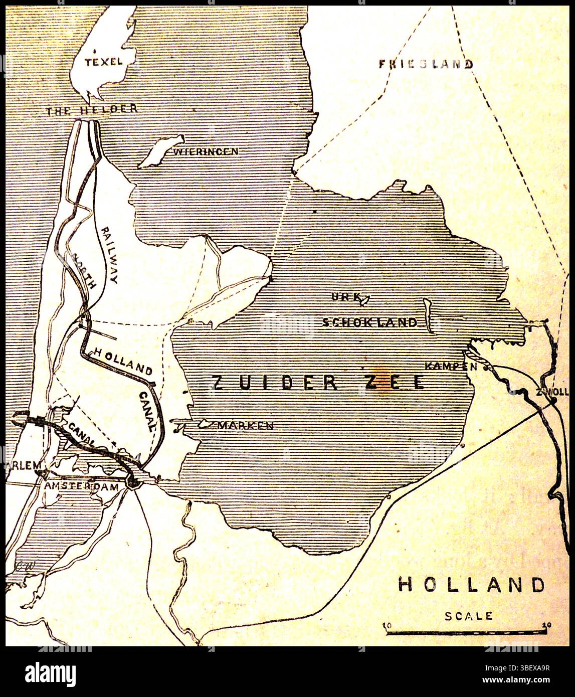 An 1870 map of the Zuider ZEE with its canals, railways and dykes ...