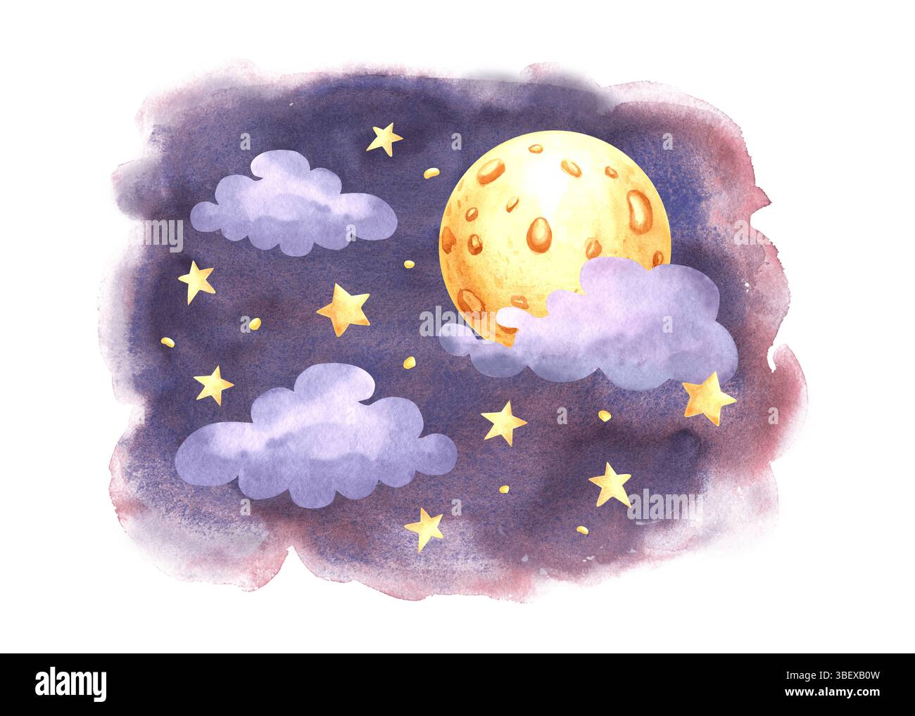 Yellow full moon with stars and clouds in night sky watercolor isolated ...