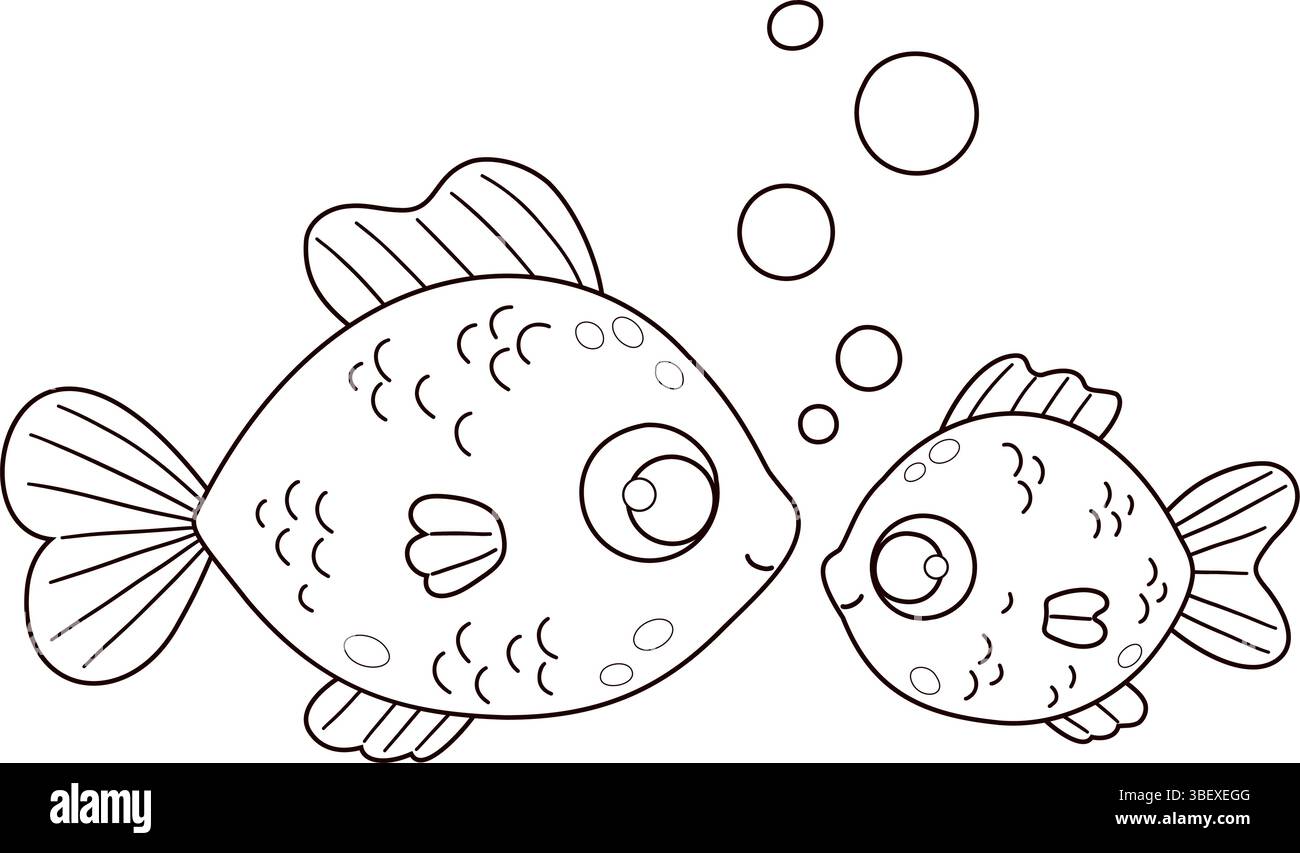 Outline Cute Big and little Fish with bubbles. Mom and baby animal ...