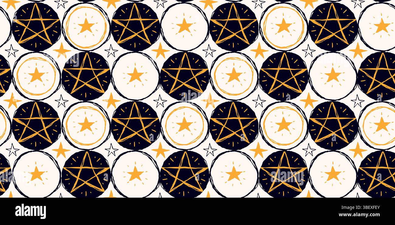 Halloween Seamless Pattern with Magic Stars and Pentagrams in Gold on ...