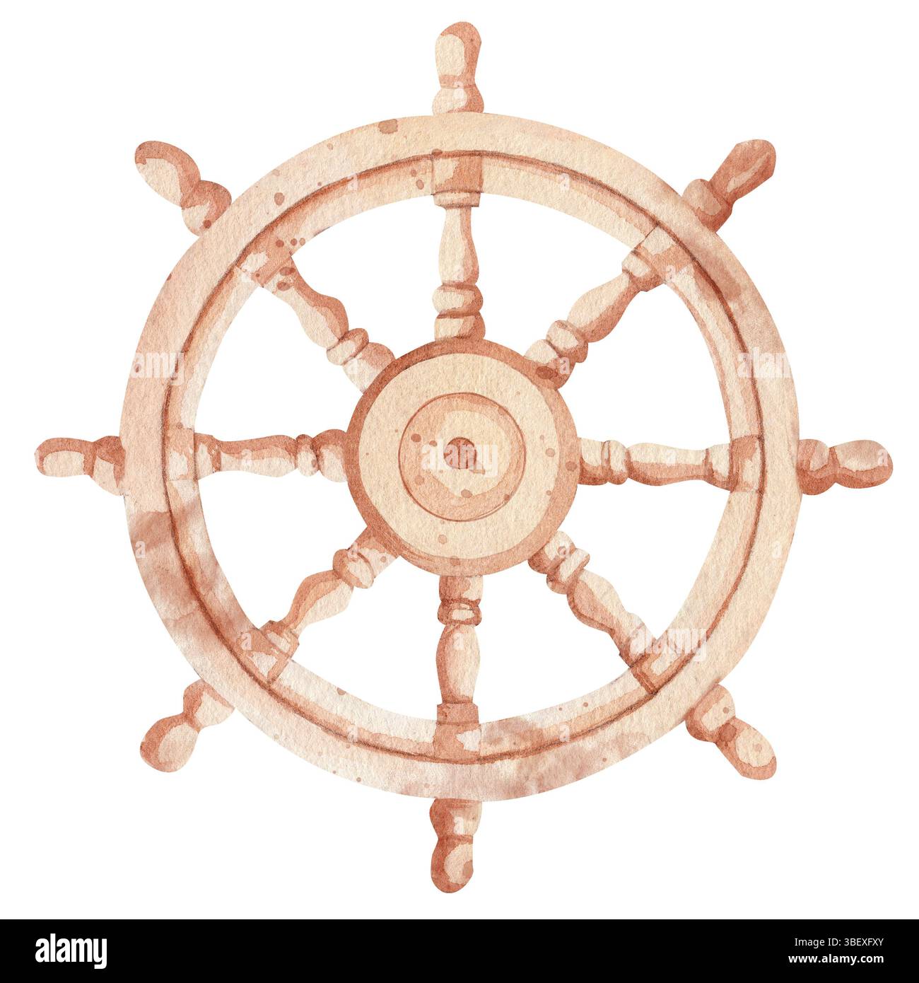 Watercolor illustration of wooden ship's helm. A nautical-themed hand ...