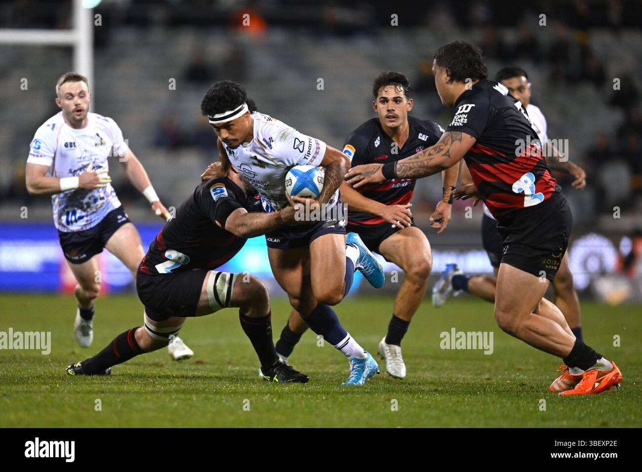 Canberra, Australia. 30th May, 2025. David Feliuai of the Brumbies is ...