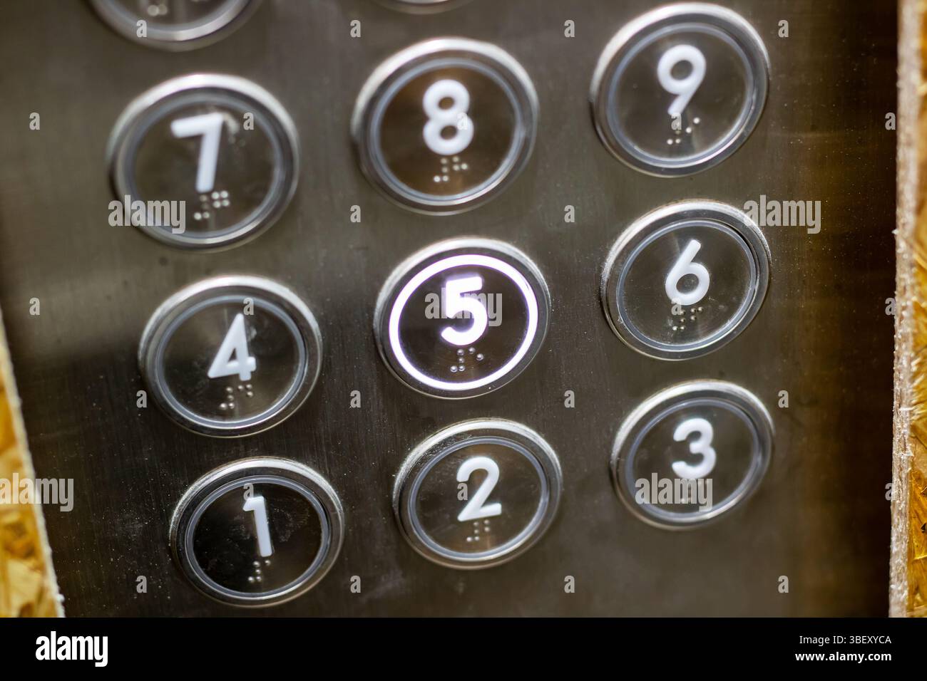 This is a detailed closeup image showing an elevator keypad, where the ...