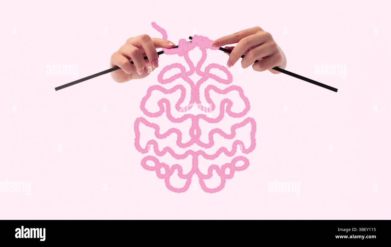 Soft Power. Gentle hands knit soft pink brain from yarn, showing care ...