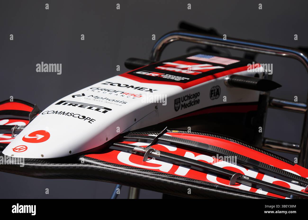 A Haas front wing in the pit ahead of free practice at the Circuit de ...