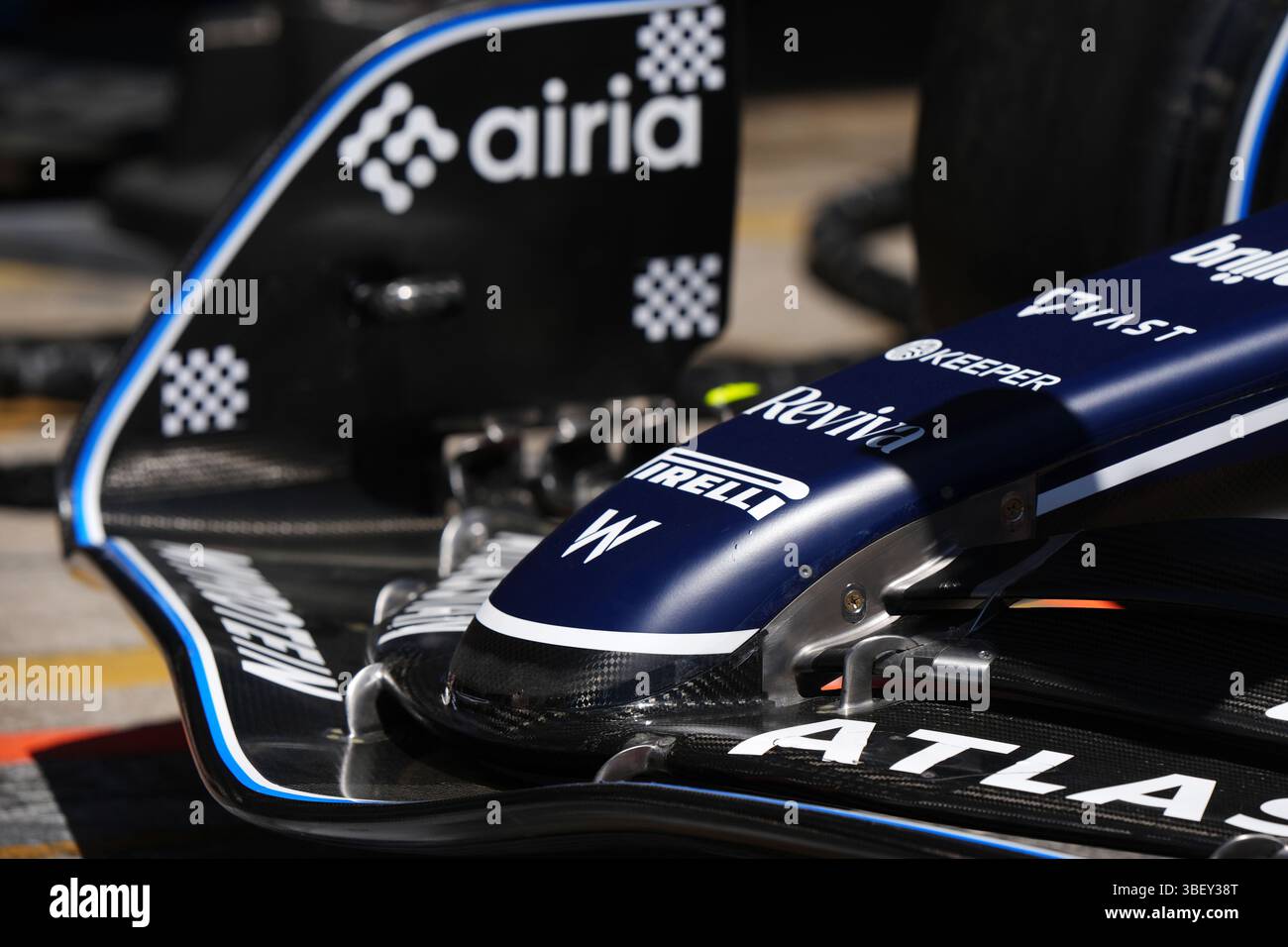 A Williams front wing in the pit ahead of free practice at the Circuit ...