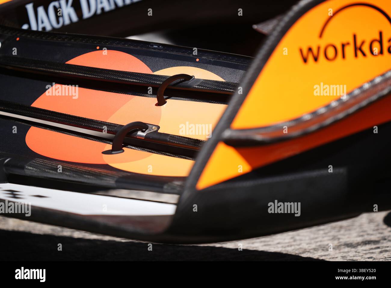 A McLaren front wing in the pit ahead of free practice at the Circuit ...