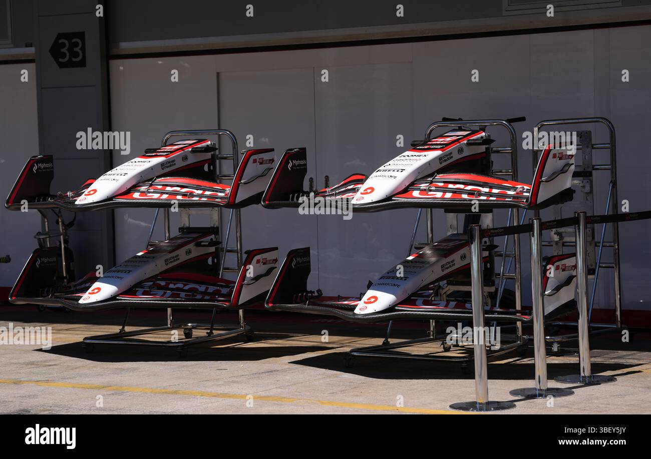 Haas front wings in the pit ahead of free practice at the Circuit de ...