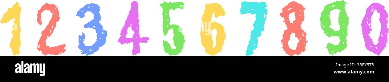 Colorful numbers 0-9, hand-drawn in a wax crayon or pastel style ...