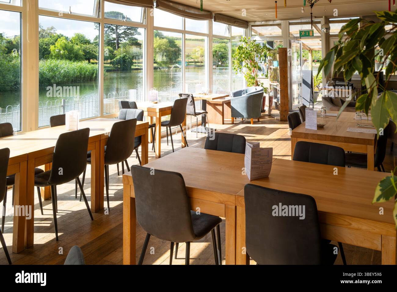The interior of the empty Lakeside Restaurant cafe at opening time in ...