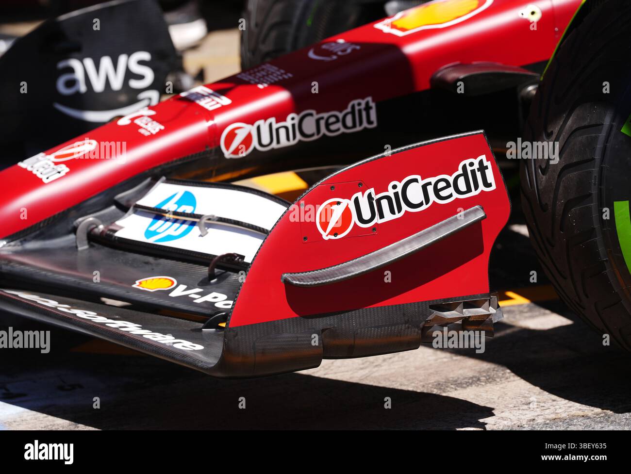 A Ferrari front wing in the pit ahead of free practice at the Circuit ...