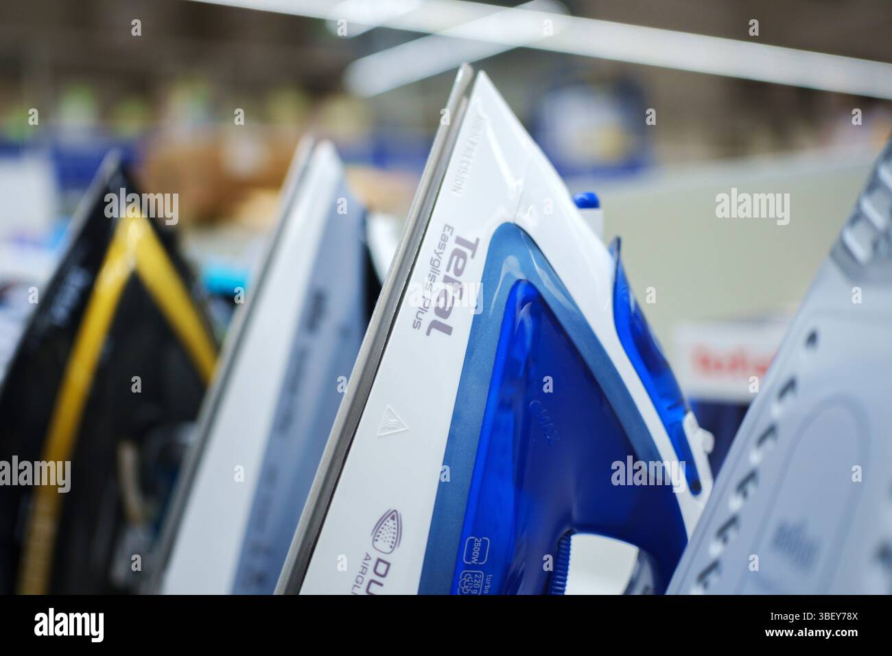 Tyumen, Russia-May 22, 2025: Tefal logo Blue steam iron from design and ...