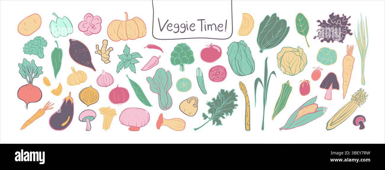 A set of hand drawn vegetable illustrations in soft pastel tones. Great ...