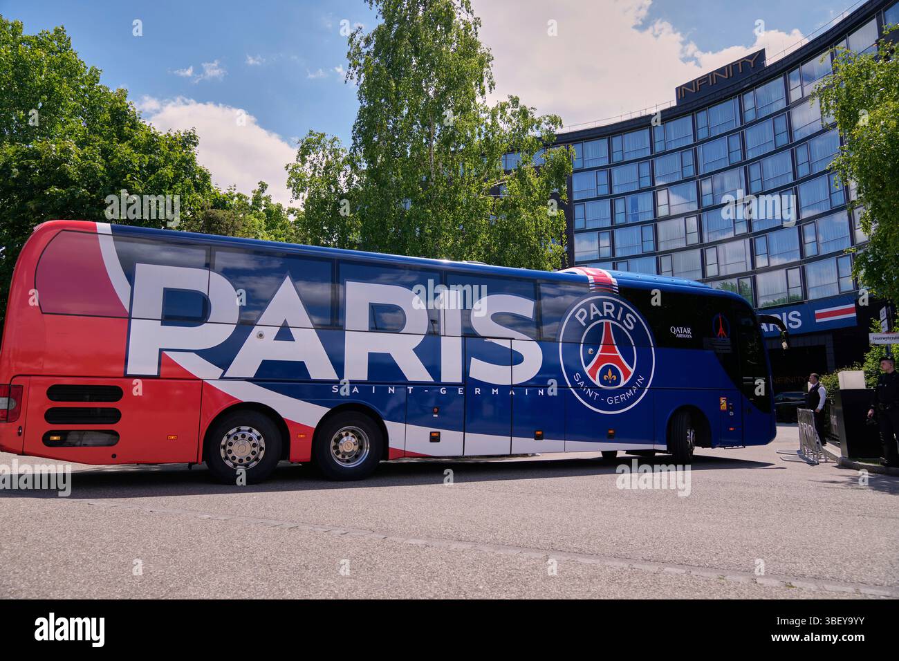 The Paris Saint-Germain team bus arrives at a hotel in ...