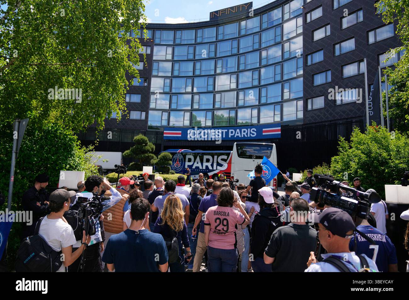 The Paris Saint-Germain team bus arrives at a hotel in ...