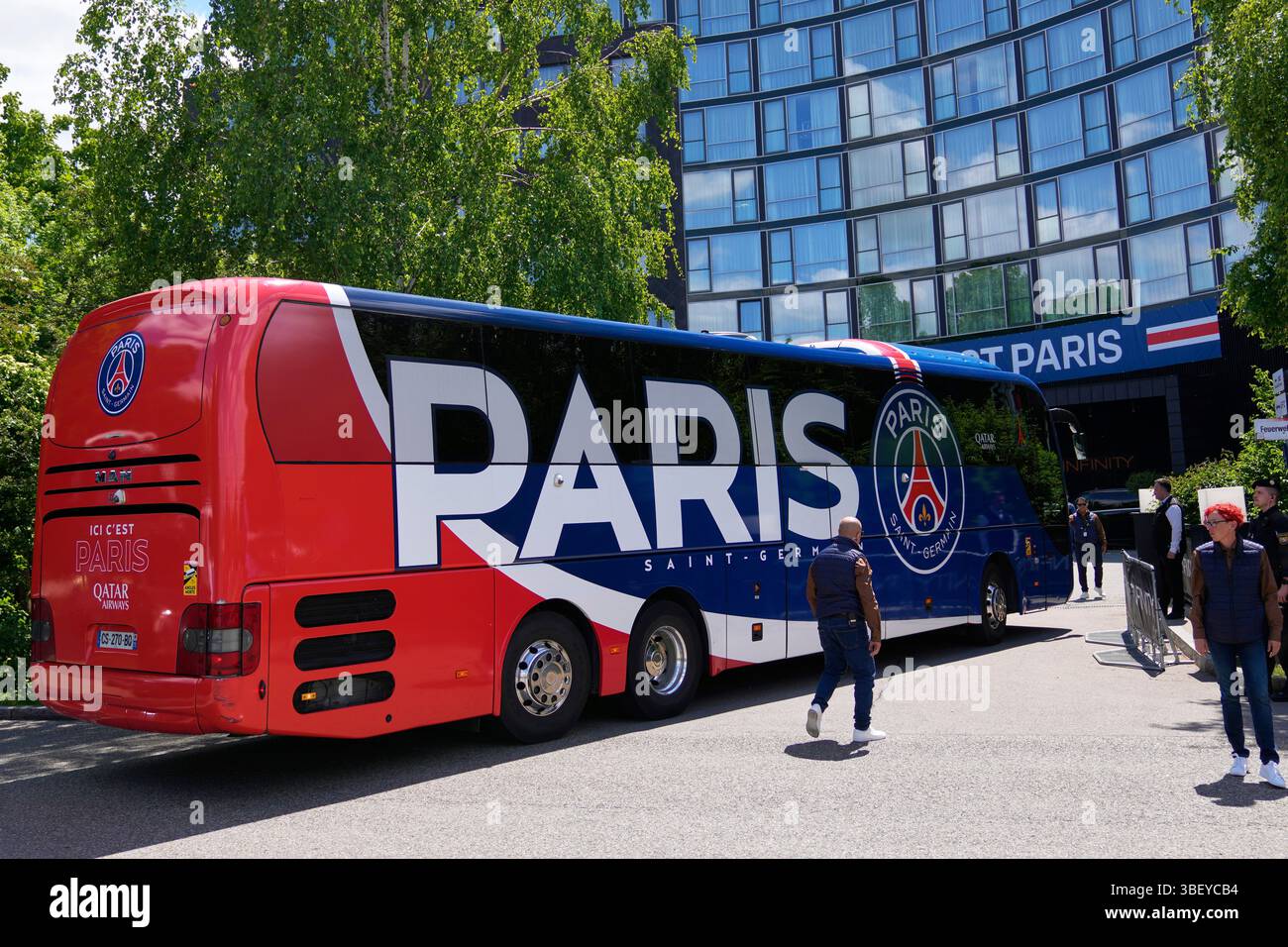 The Paris Saint-Germain team bus arrives at a hotel in ...