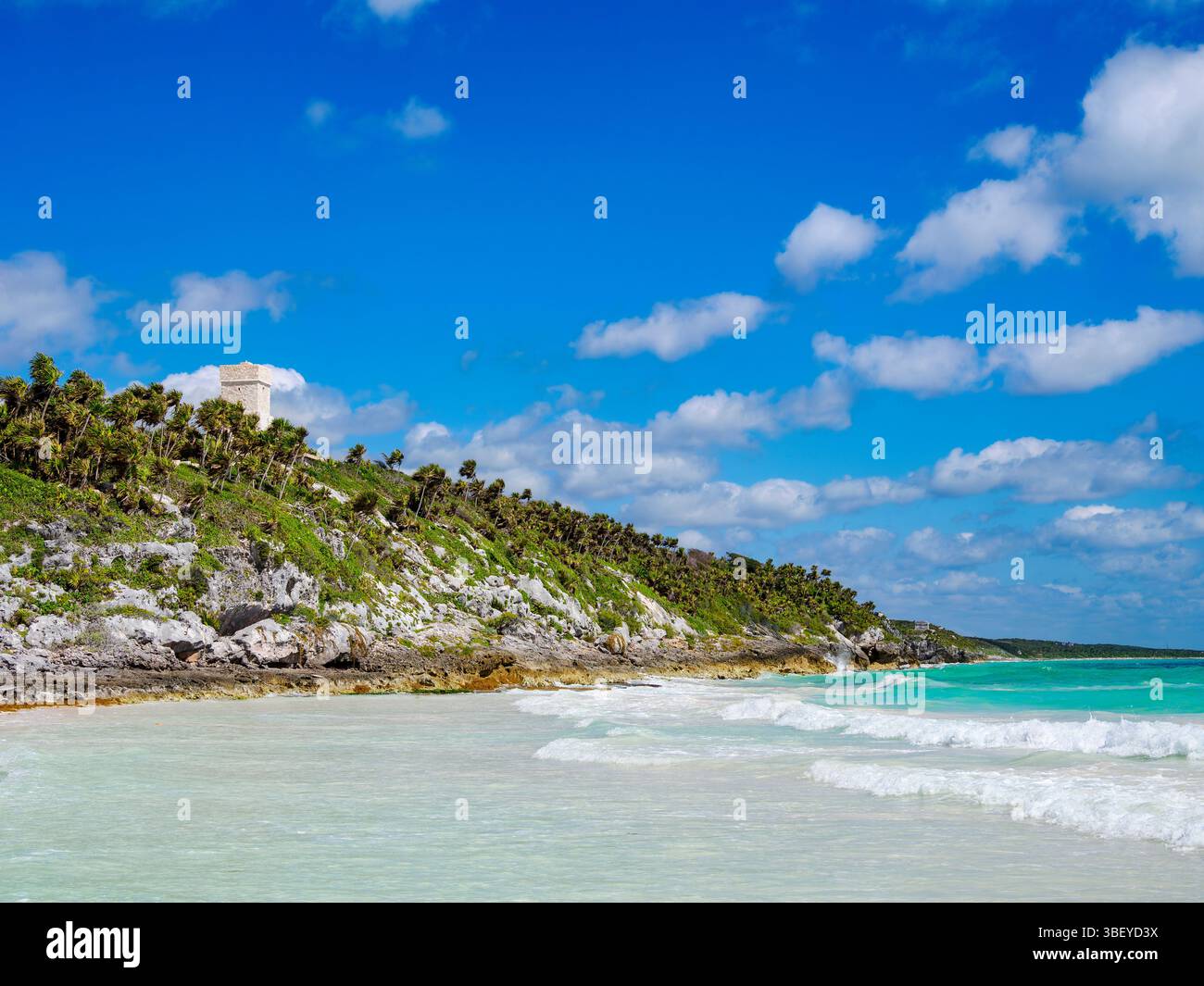 View over Paradise Beach towards the Tulum Lighthouse, Tulum, Quintana ...