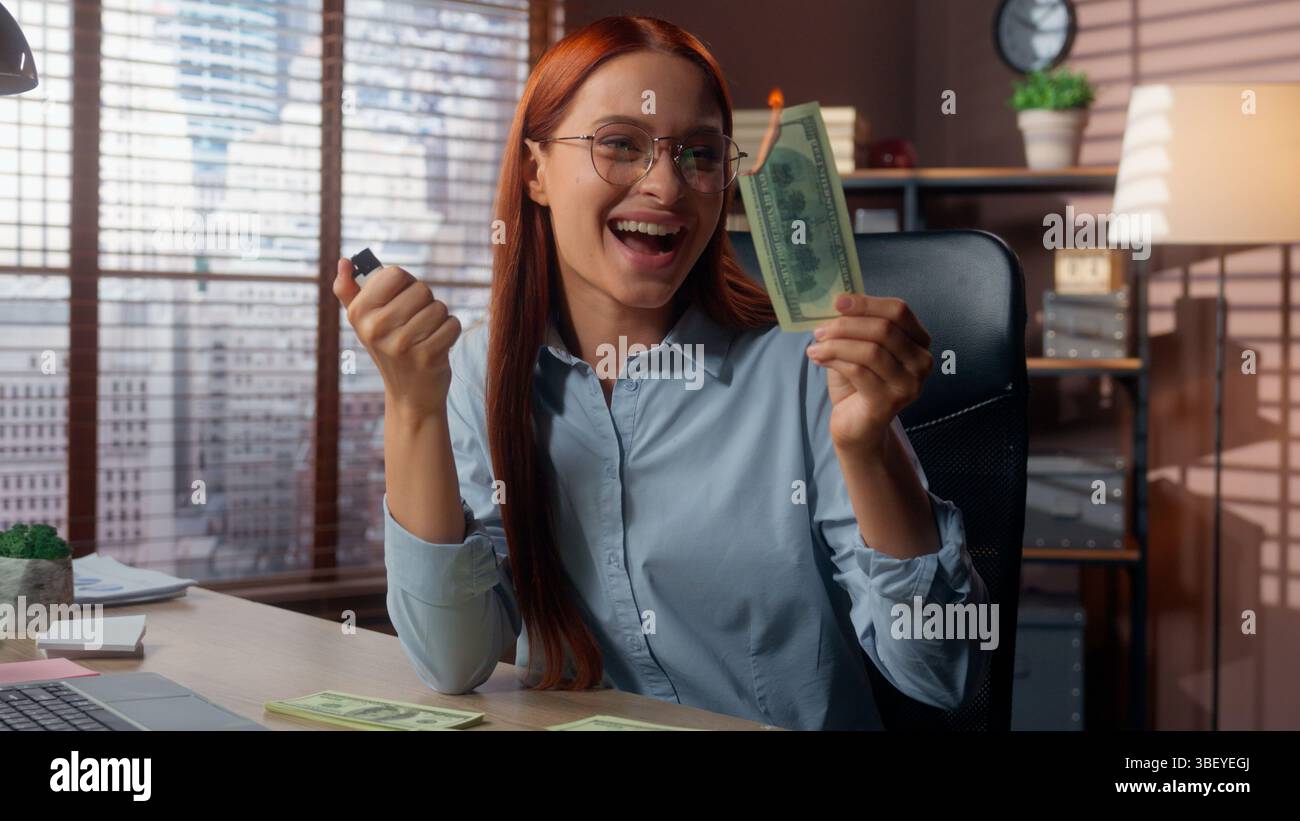 Caucasian happy business woman businesswoman burning money cash with ...