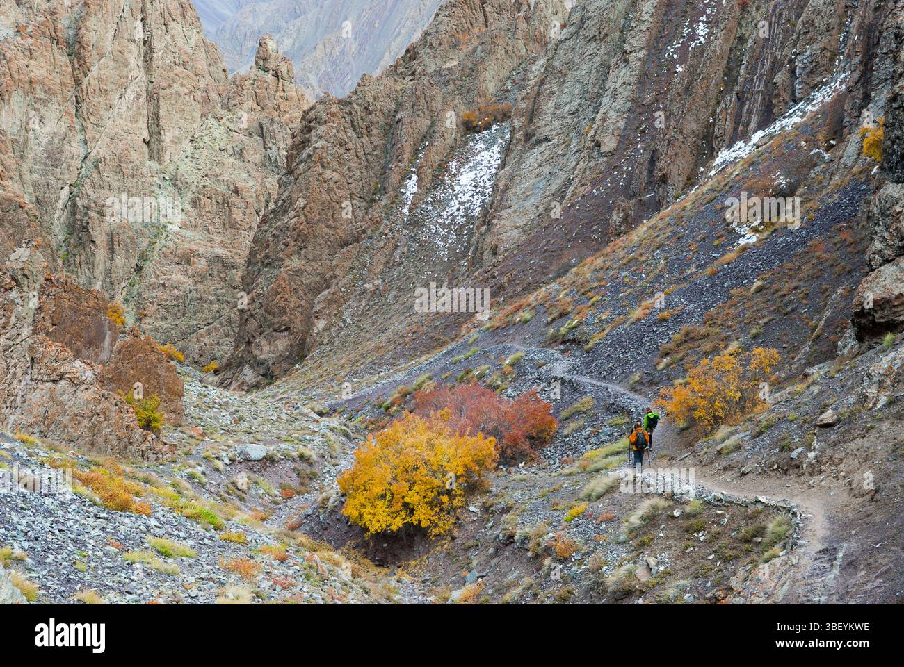 Trekker on the way down from Stokla pass (4900) to the village of Stok ...