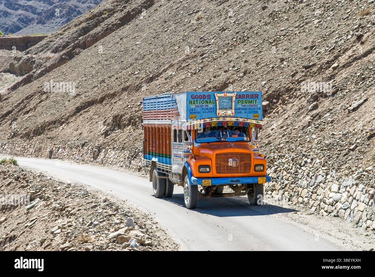 Truck on the road along the Indus River, Leh district, Ladakh region ...