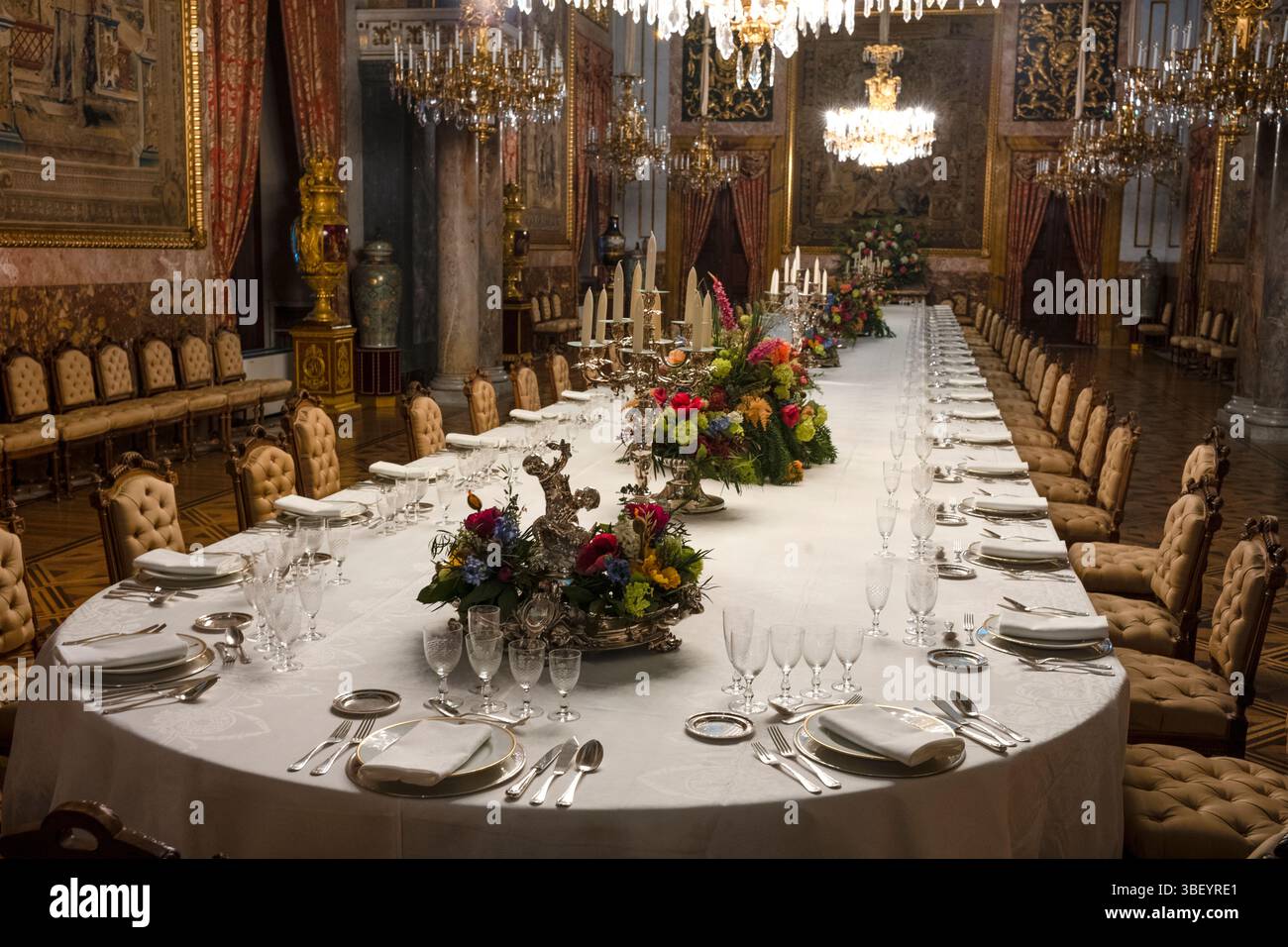 A large dining table in Palacio Real (Royal Palace), Madrid, Spain ...