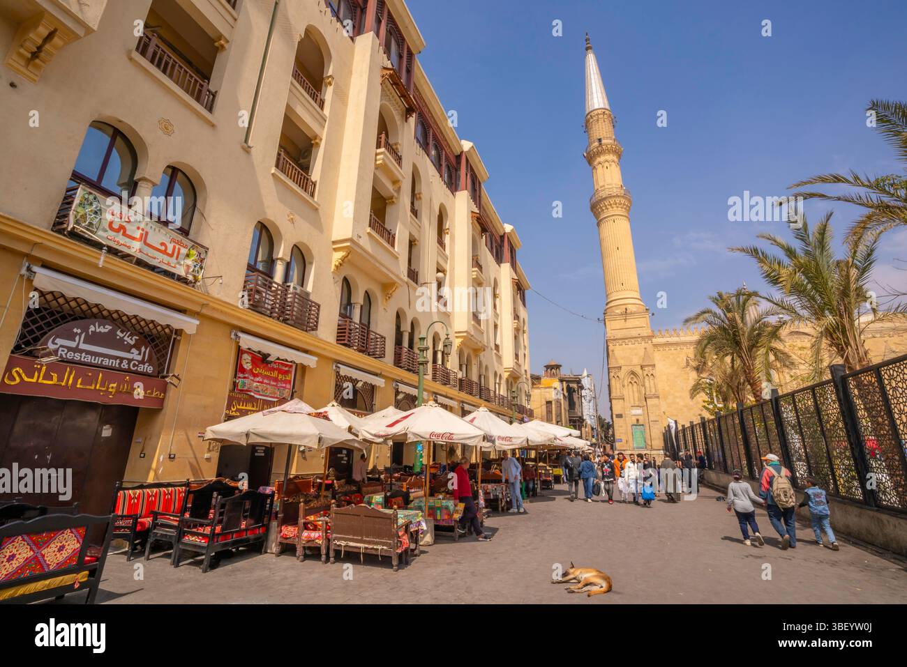 View of cafes and Al Emam El Hussein Mosque, Cairo, Egypt, North Africa ...