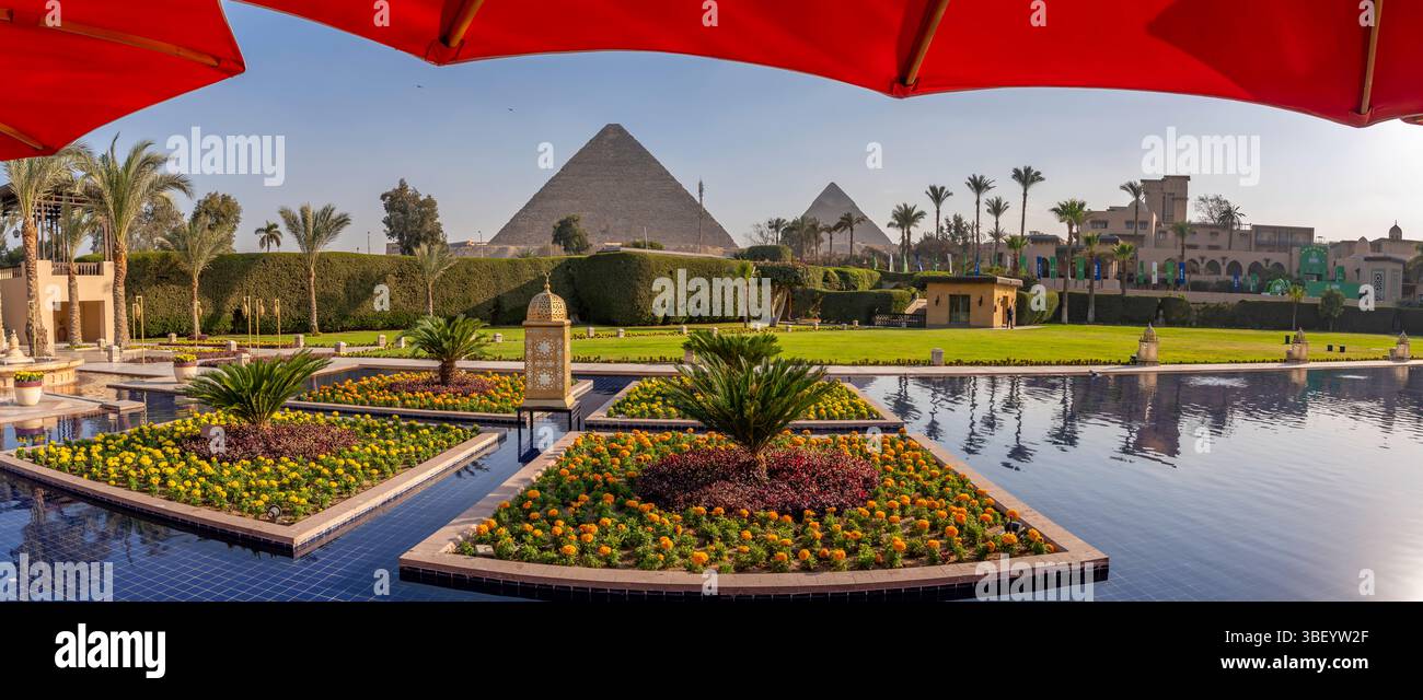 View of Giza Pyramids from Marriott hotel, Cairo, Egypt, Africa Stock ...
