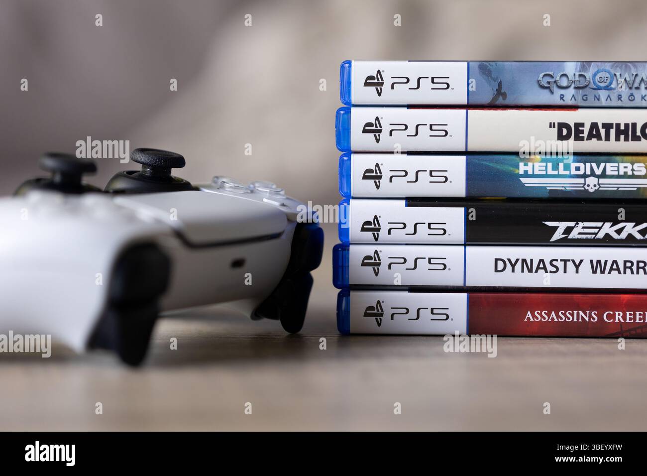 Brecht, Belgium - 18 april 2025: A stack of sony playstation 5 ...