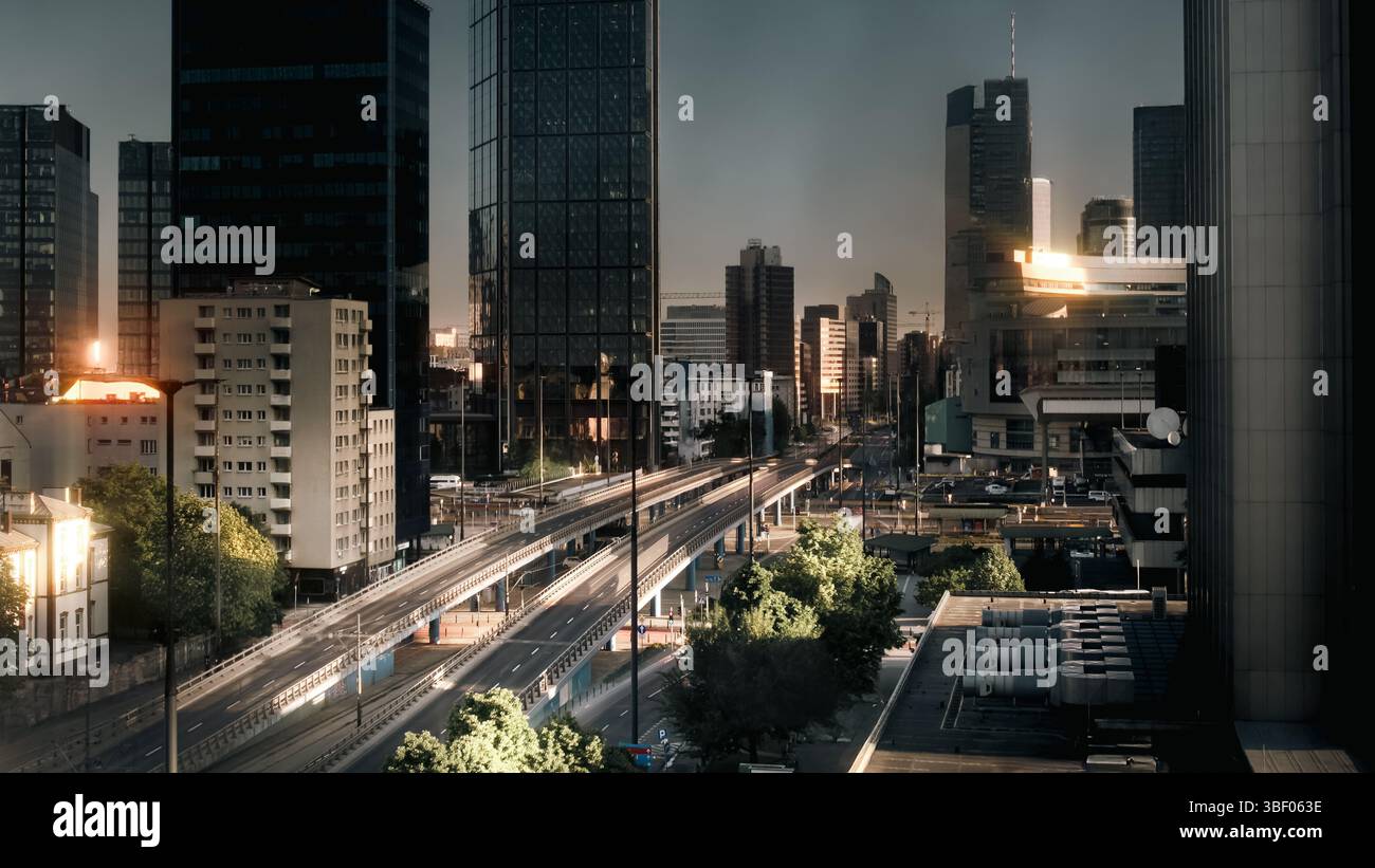cityscape business downtown center city traffic timelapse Warsaw ...