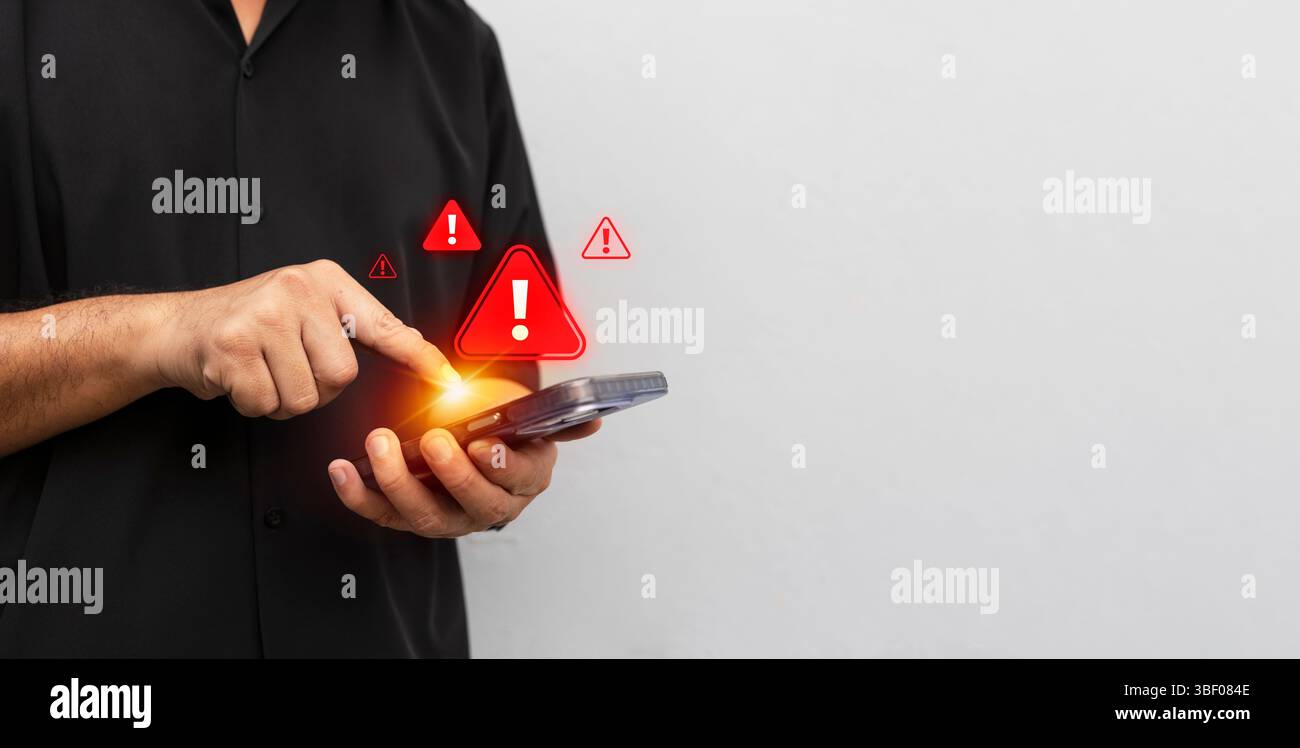 Mobile phone login warning with fingerprint scan and red alert icons ...